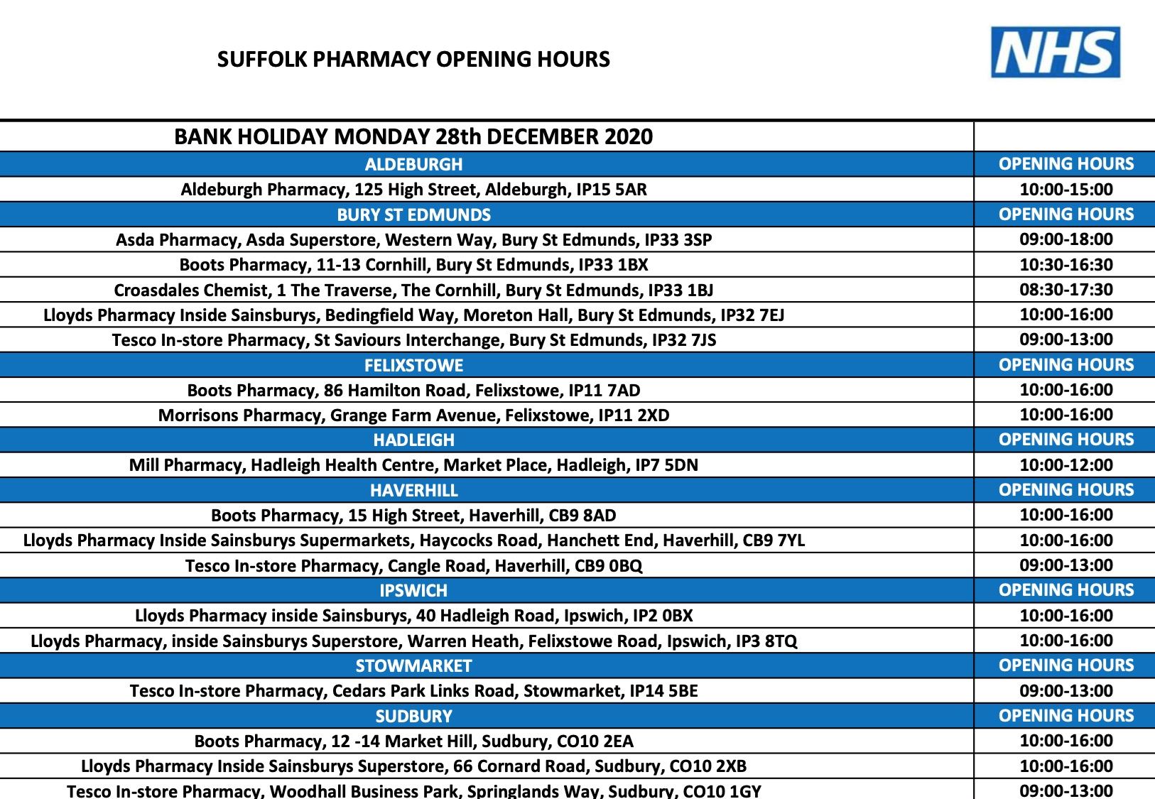 Opening Hours - Haverhill Family Practice